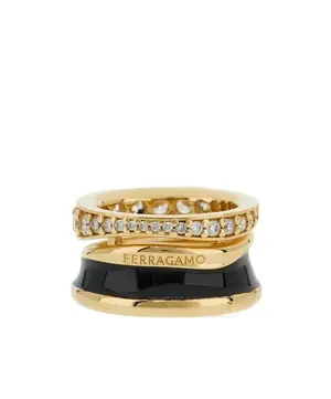 FERRAGAMO Crystal And Black Enamel Band Ring In Gold - Gold/black