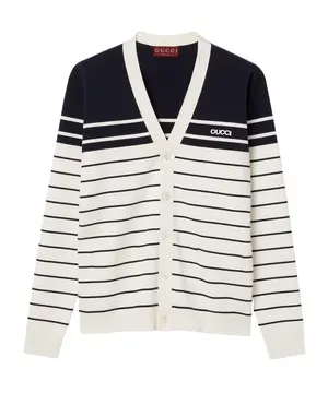 Gucci Striped V-neck Cardigan With Embroidered Logo - White