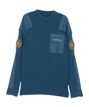 Balenciaga Knitted Jumper With Cuff Badge - Blue