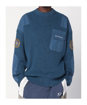 Balenciaga Knitted Jumper With Cuff Badge - Blue