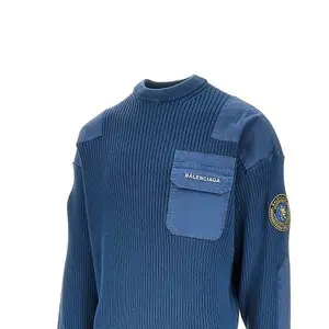 Balenciaga Knitted Jumper With Cuff Badge - Blue
