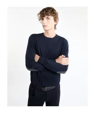 FAY Round Neck Jumper With Contrast Patch Detail - Blue