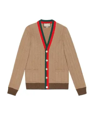 GUCCI Gucci Web Stripe V-Neck Ribbed Knit Cardigan