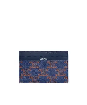 Celine Card Holder In Triomphe Canvas And Calfskin - Deep Navy