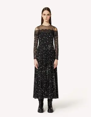 Red Valentino Long Sleeve Printed Pleated Dress