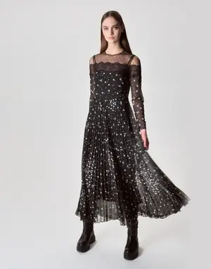 Red Valentino Long Sleeve Printed Pleated Dress