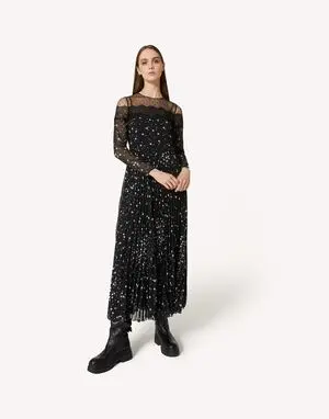Red Valentino Long Sleeve Printed Pleated Dress