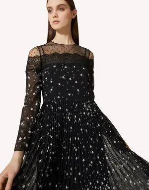 Red Valentino Long Sleeve Printed Pleated Dress