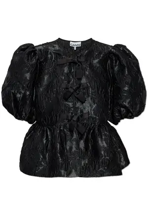 GANNI Peplum Tie Blouse With Puff Sleeves And Floral Embossing - Black