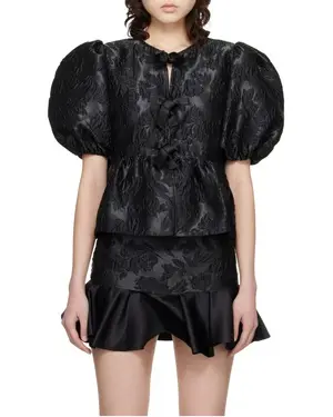 GANNI Peplum Tie Blouse With Puff Sleeves And Floral Embossing - Black