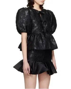 GANNI Peplum Tie Blouse With Puff Sleeves And Floral Embossing - Black