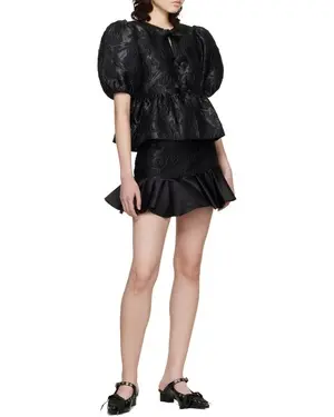 GANNI Peplum Tie Blouse With Puff Sleeves And Floral Embossing - Black