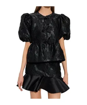 GANNI Peplum Tie Blouse With Puff Sleeves And Floral Embossing - Black