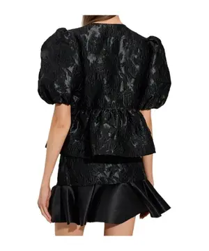 GANNI Peplum Tie Blouse With Puff Sleeves And Floral Embossing - Black