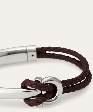 FERRAGAMO Gancini Braided Leather And Palladium-plated Brass Bracelet