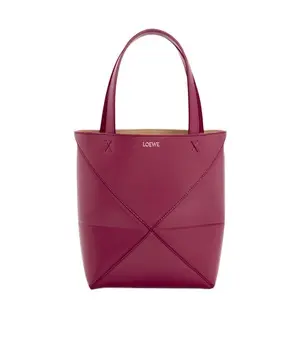 Loewe Mini Puzzle Fold Tote In Shiny Calfskin - Deep Red