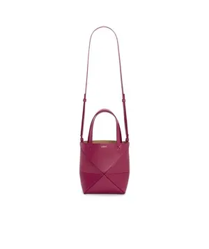 Loewe Mini Puzzle Fold Tote In Shiny Calfskin - Deep Red