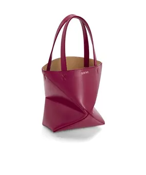 Loewe Mini Puzzle Fold Tote In Shiny Calfskin - Deep Red