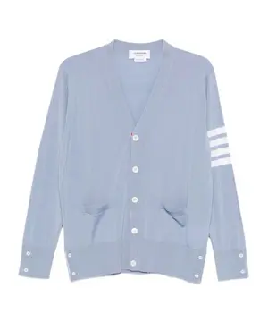 Thom Browne V-neck Fine-knit Cardigan With Striped Details - Blue