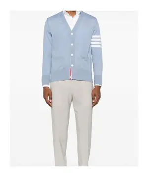 Thom Browne V-neck Fine-knit Cardigan With Striped Details - Blue