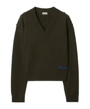 Burberry Cashmere V-neck Sweater With Embroidered Detail - Black