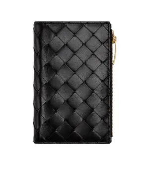 Bottega Veneta Medium Intrecciato Bi-fold Zip Wallet - Black