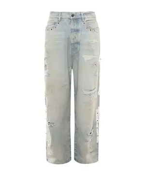Amiri Distressed Bones Studded Baggy Jeans - Gray