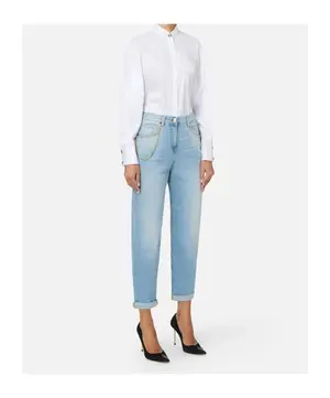 Elisabetta Franchi Light Wash Denim Tassel Chain Boyfriend Jeans