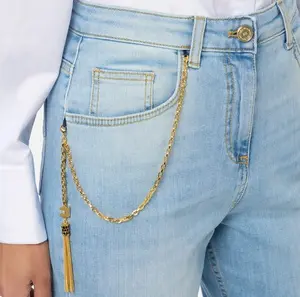 Elisabetta Franchi Light Wash Denim Tassel Chain Boyfriend Jeans