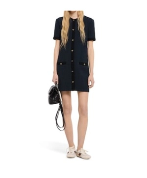 Gucci Textured Tweed Dress With Interlocking G Buttons - Blue