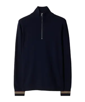 Burberry Wool Half-zip Sweater With Striped Cuffs - Navy Blue