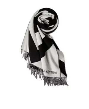Valentino Garavani Logo Detailed Fringed Edge Scarf - Black