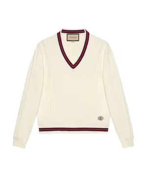 Gucci Cotton Knit V-neck Sweater With Web Trim - No