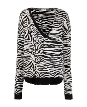 Saint Laurent Zebra Print V-neck Sweater - Black