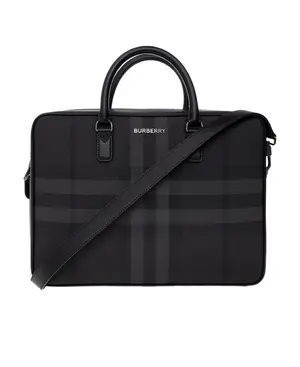Burberry Logo Plaque Check Pattern Briefcase - Charcoal