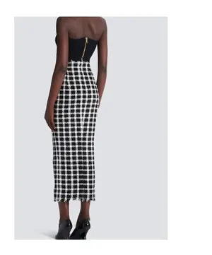 Balmain Gingham Tweed Long Skirt - Black