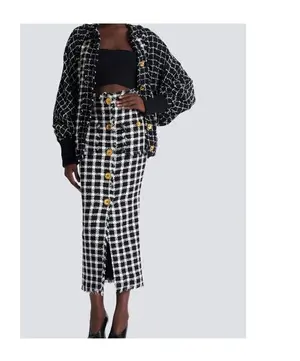 Balmain Gingham Tweed Long Skirt - Black