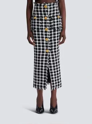 Balmain Gingham Tweed Long Skirt - Black