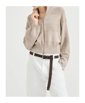 Brunello Cucinelli High-neck Zip-up Cardigan With Textured Stripes - Desert