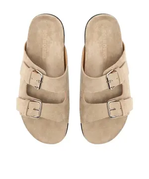 SCAROSSO Enea Buckled Suede Slip-on Sandals - Beige