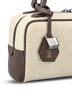 Brunello Cucinelli Structured Raffia Shoulder Bag With Padlock Detail - Beige