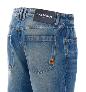 Balmain Logo Patch Straight Leg Jeans - Blue