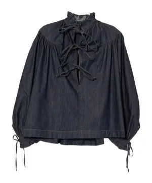 Dries Van Noten Denim Tie-neck Ruffled Shirt