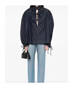 Dries Van Noten Denim Tie-neck Ruffled Shirt