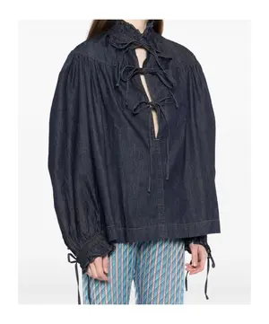 Dries Van Noten Denim Tie-neck Ruffled Shirt