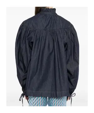 Dries Van Noten Denim Tie-neck Ruffled Shirt