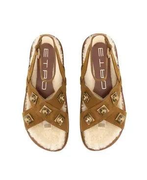 Etro Crown Me Sandals With Studs And Shearling - Brown