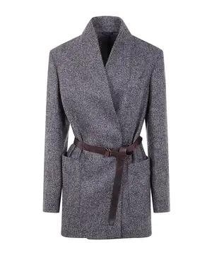 Brunello Cucinelli Herringbone Patterned Belted Jacket