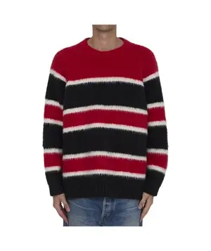 Celine Oversized Crew Neck Sweater In Brushed Striped Cotton - Black