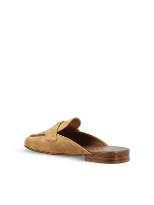 Prada Logo Plaque Almond Toe Mules - Cinnamon